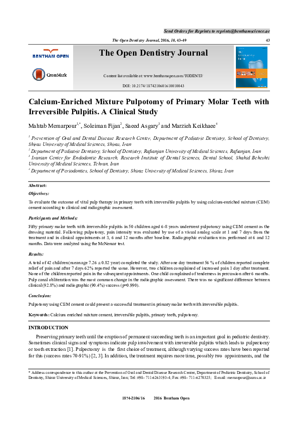 (PDF) Calcium-Enriched Mixture Pulpotomy of Primary Molar Teeth with ...