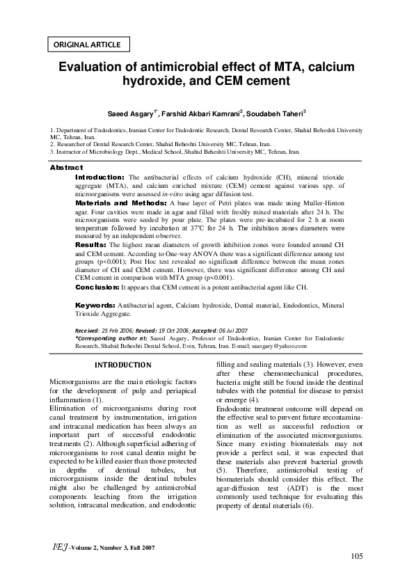(PDF) Evaluation of antimicrobial effect of MTA, calcium hydroxide, and ...