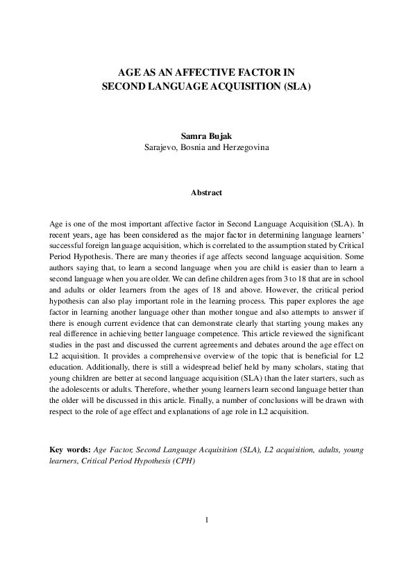 (PDF) AGE AS AN AFFECTIVE FACTOR IN SECOND LANGUAGE ACQUISITION (SLA)