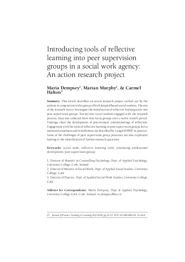 (PDF) Introducing tools of reflective learning into peer supervision groups in a social work agency