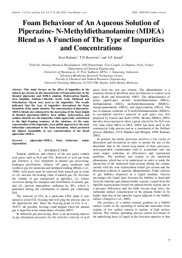 (PDF) Foam Behaviour of An Aqueous Solution of Piperazine-N-Methyldiethanolamine (MDEA) Blend as ...