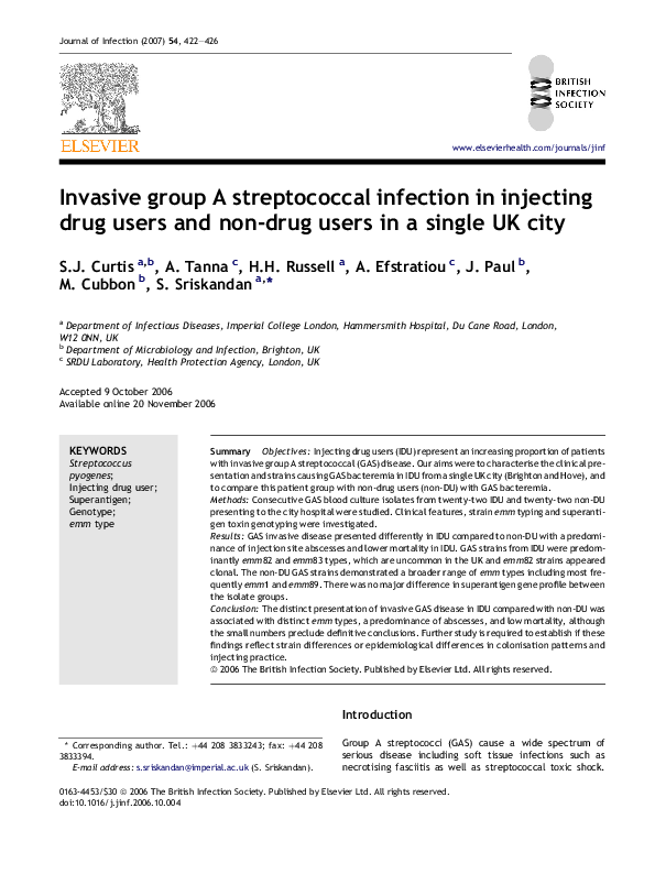 (PDF) Invasive group A streptococcal infection in injecting drug users ...