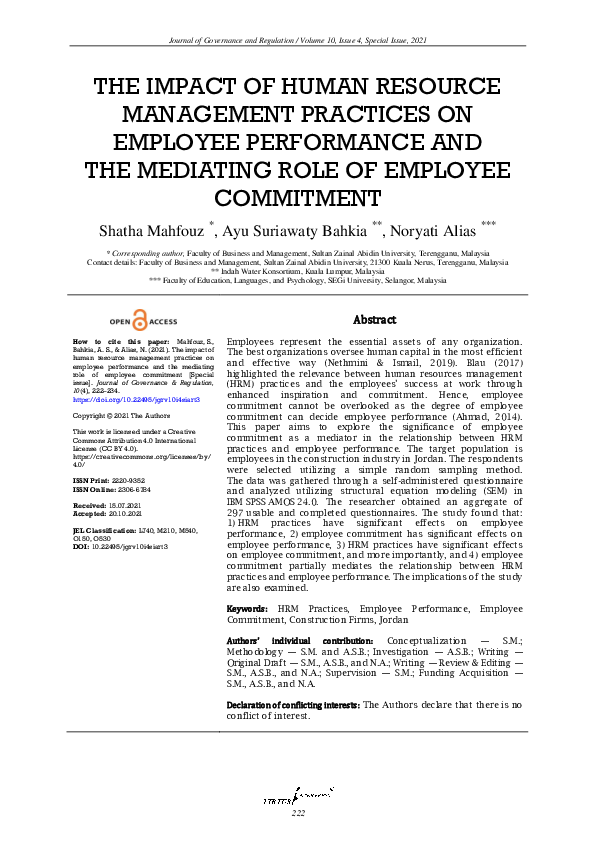 Pdf The Impact Of Human Resource Management Practices On Employee Performance And The