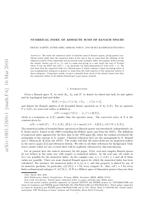 (PDF) Numerical index of absolute sums of Banach spaces
