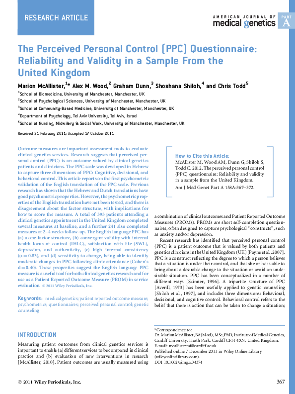 (PDF) The perceived personal control (PPC) questionnaire: Reliability ...