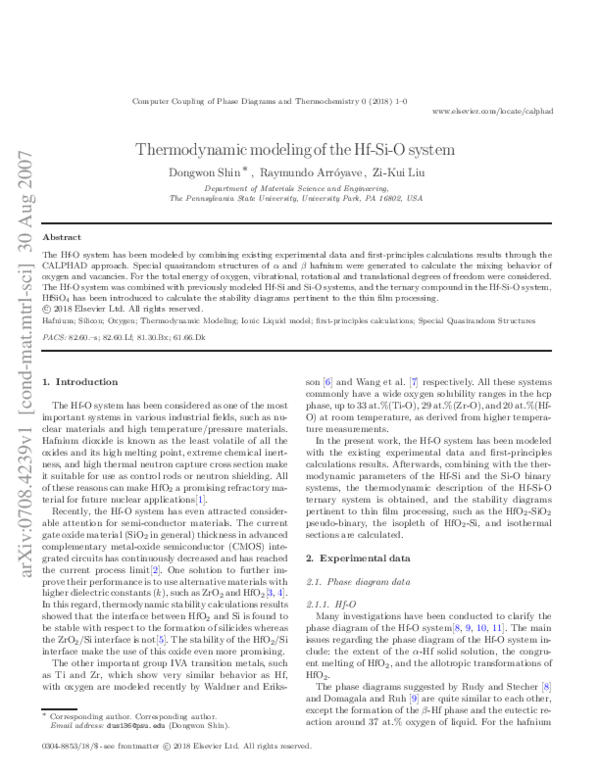 (PDF) Thermodynamic modeling of the Hf–Si–O system