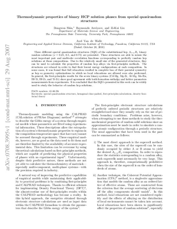 (PDF) Thermodynamic properties of binary hcp solution phases from special quasirandom structures