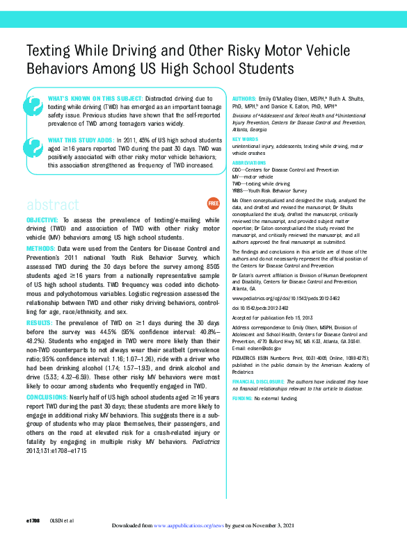 (PDF) Texting while driving and other risky motor vehicle behaviors ...