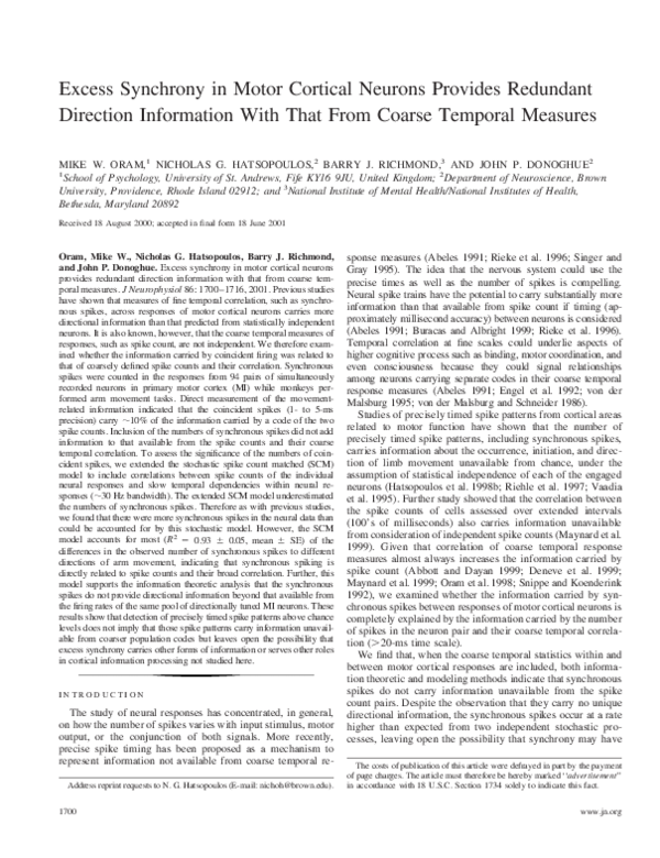 (PDF) Oram, M. W., Hatsopoulos, N. G., Richmond, B. J. & Donoghue, J. P ...
