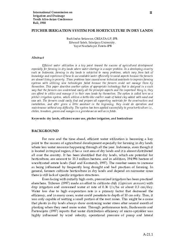 (PDF) Pitcher Irrigation System for Horticulture in Dry Lands