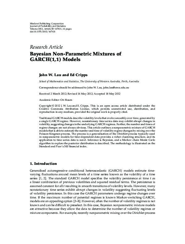 (PDF) Bayesian Non-Parametric Mixtures of GARCH(1,1) Models