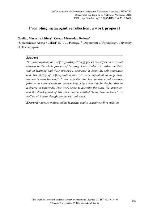 (PDF) Promoting metacognitive reflection: a work proposal
