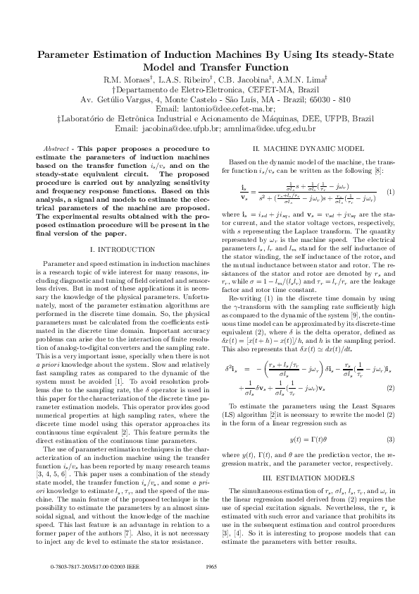 Pdf Parameter Estimation Of Induction Machines By Using Its Steady State Model And Transfer
