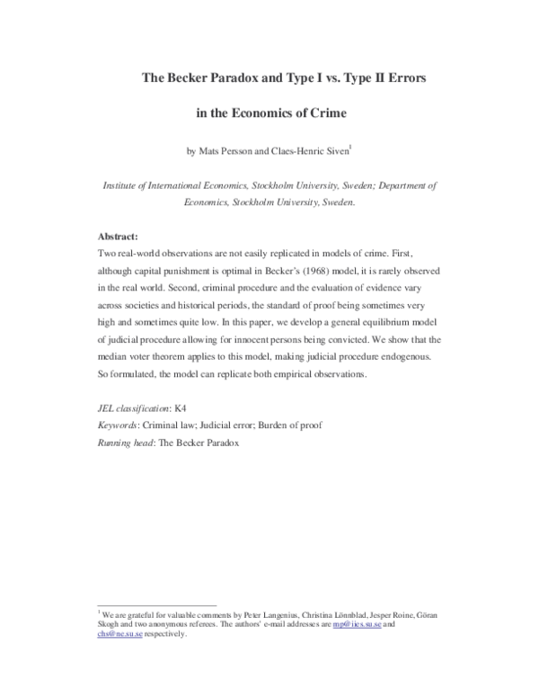 (PDF) The Becker Paradox and Type I vs. Type II Errors in the Economics ...