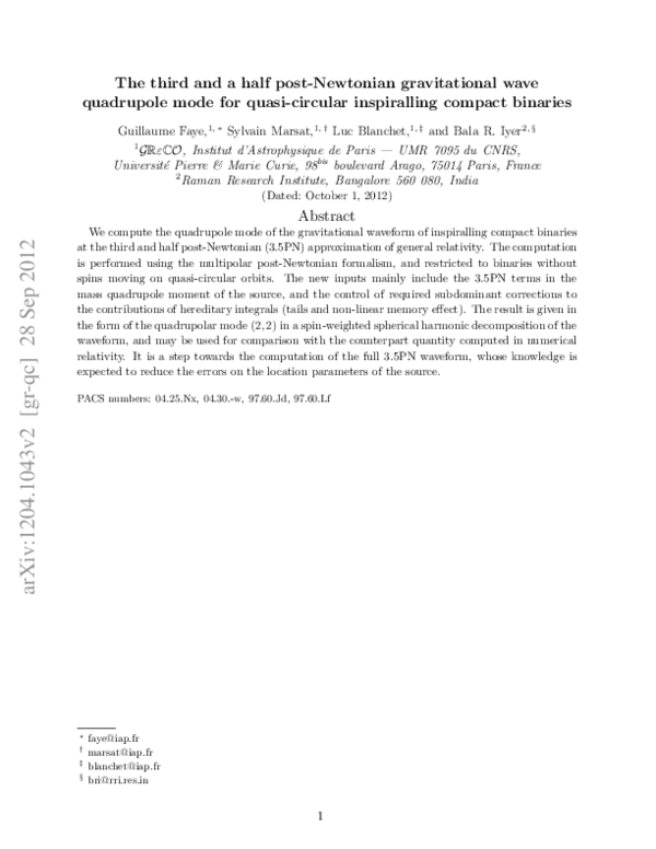 Pdf The Third And A Half Post Newtonian Gravitational Wave Quadrupole Mode For Quasi Circular