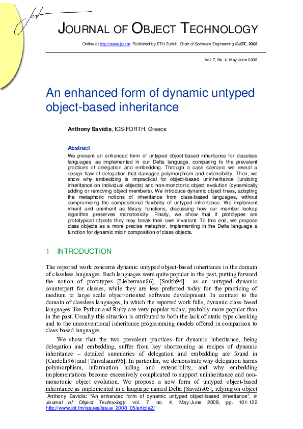 Pdf An Enhanced Form Of Dynamic Untyped Object Based Inheritance