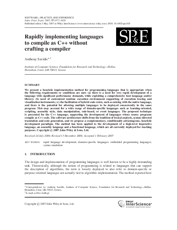 (PDF) Rapidly implementing languages to compile as C++ without crafting a compiler