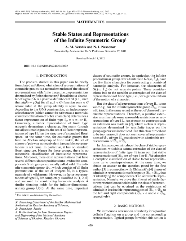 (PDF) Stable states and representations of the infinite symmetric group