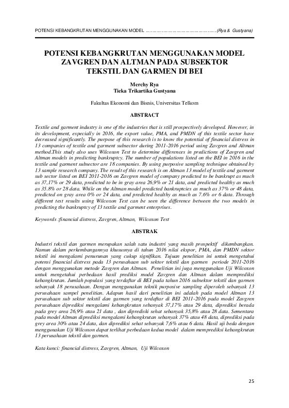 (PDF) Potensi Kebangkrutan Menggunakan Model Zavgren Dan Altman Pada ...