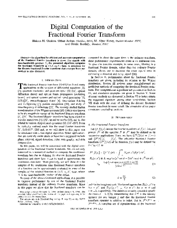 Pdf Digital Computation Of The Fractional Fourier Transform