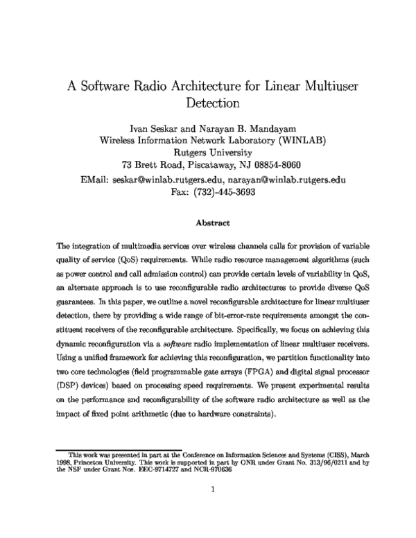 (PDF) A software radio architecture for linear multiuser detection