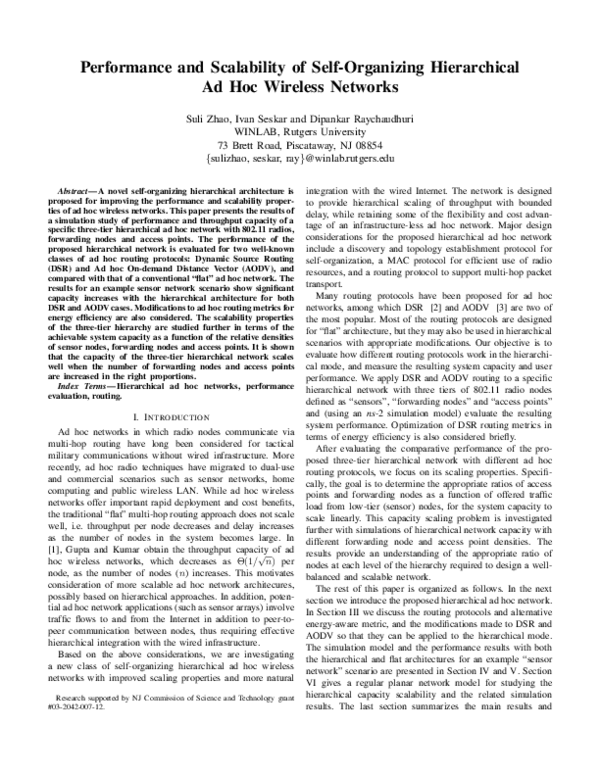 Pdf Performance And Scalability Of Self Organizing Hierarchical Ad Hoc Wireless Networks