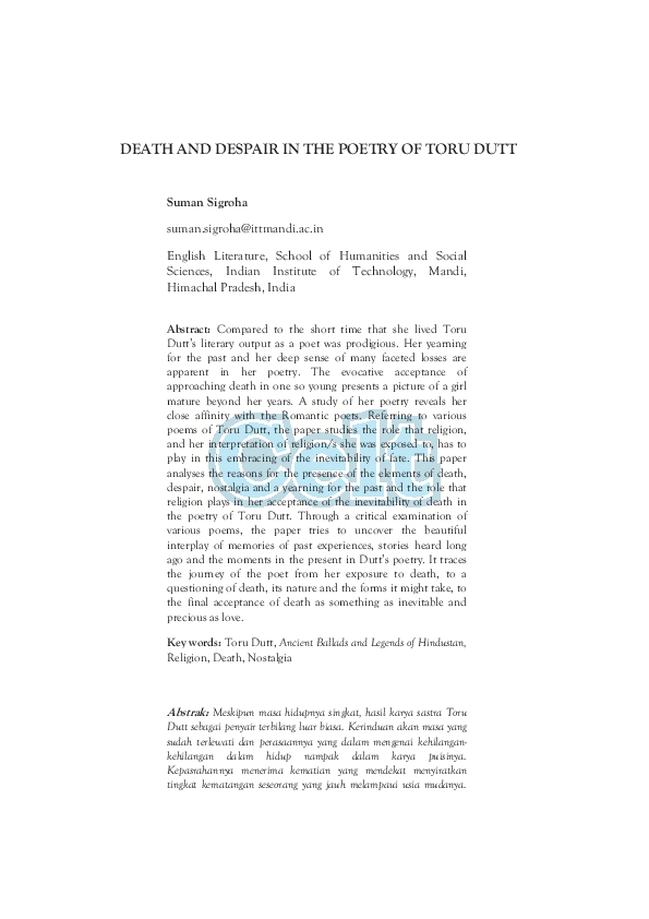 (PDF) Death and Despair in the Poetry of Toru Dutt