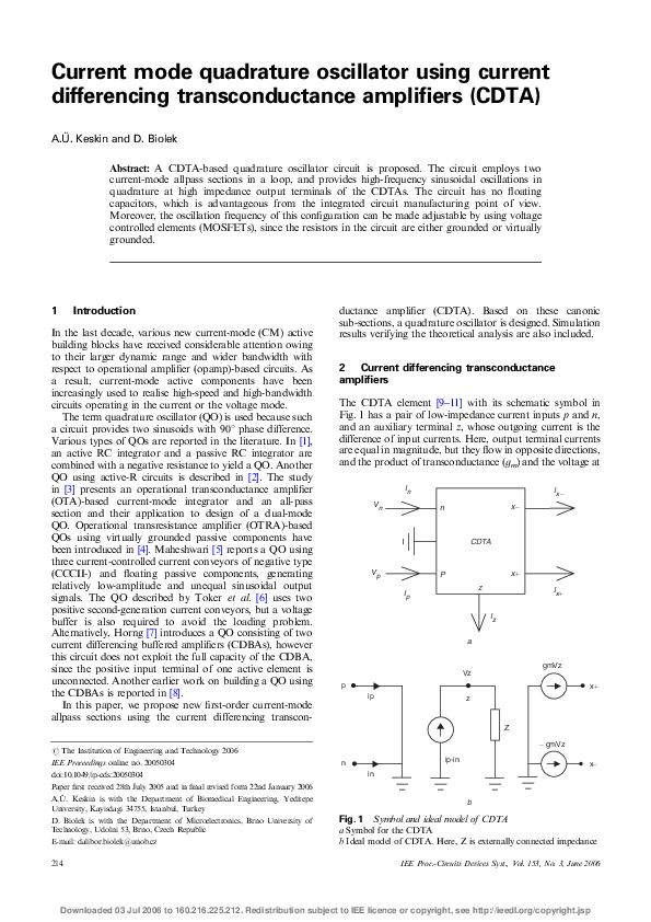 (PDF) Current mode quadrature oscillator using current differencing transconductance amplifiers ...