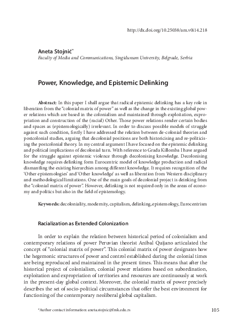 (PDF) Power, Knowledge, and Epistemic Delinking