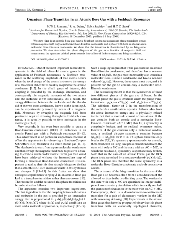 (PDF) Quantum phase transition in an atomic Bose gas with a Feshbach resonance | H. Stoof ...