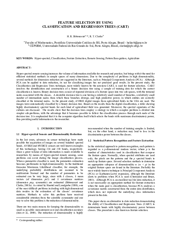 (PDF) Feature selection by using classification and regression trees (CART)