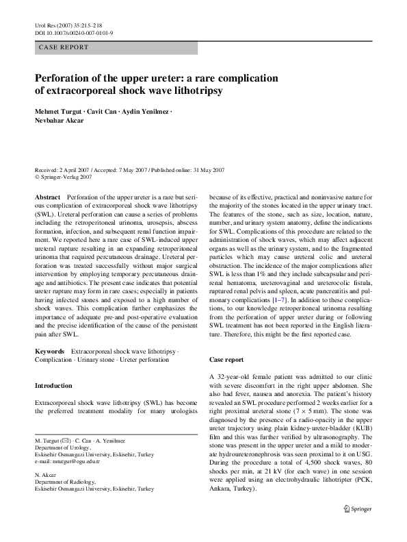 (PDF) Perforation of the upper ureter: a rare complication of ...