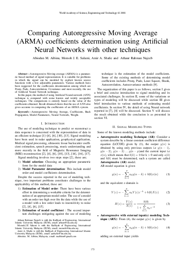(PDF) Comparing Autoregressive Moving Average (ARMA) coefficients determination using Artificial ...