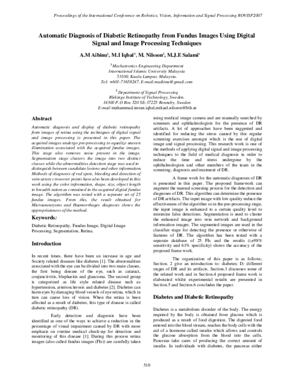(PDF) Automatic Diagnosis of Diabetic Retinopathy from Fundus Images Using Digital Signal and ...