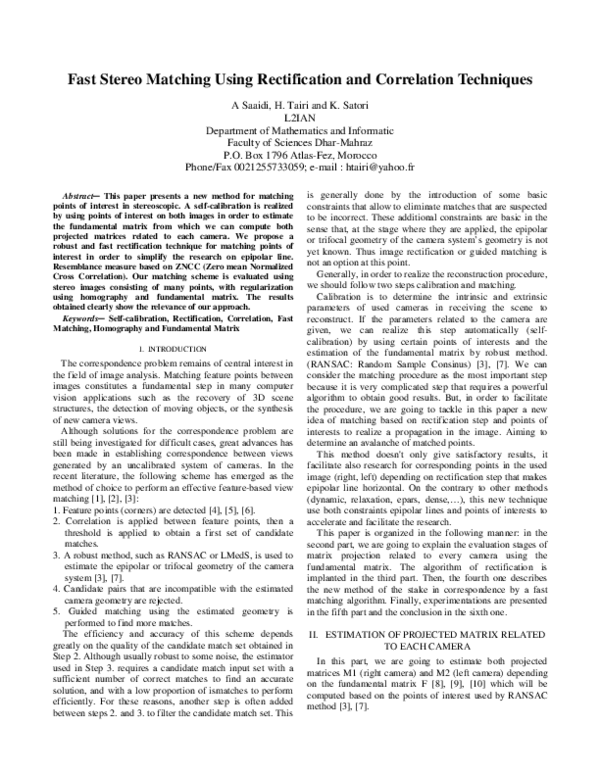 (PDF) Fast Stereo Matching using Rectification and Correlation Techniques