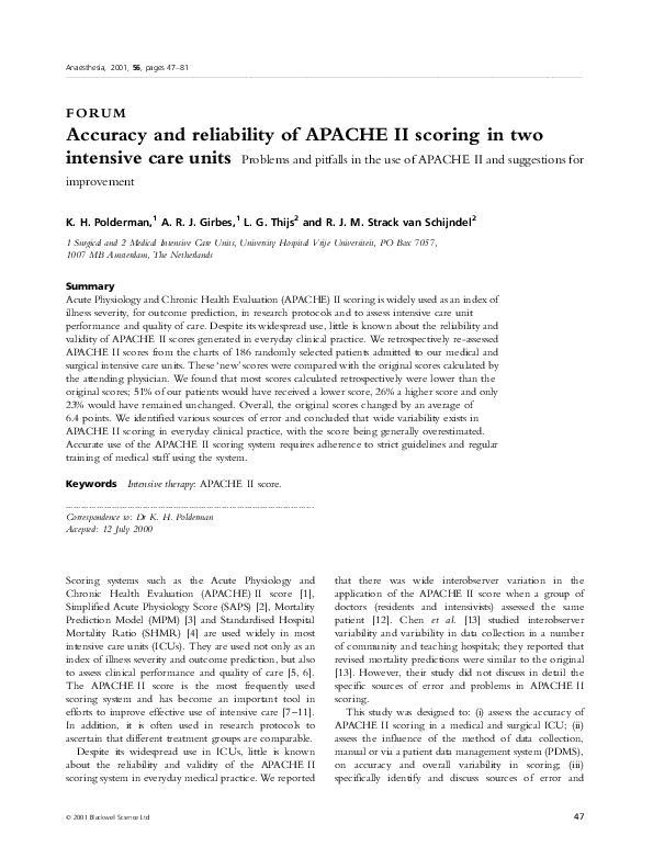 (PDF) Accuracy and reliability of APACHE II scoring in two intensive ...
