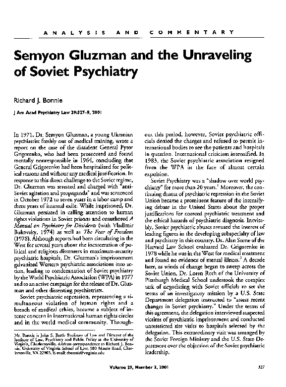 (PDF) Semyon Gluzman and the unraveling of Soviet psychiatry