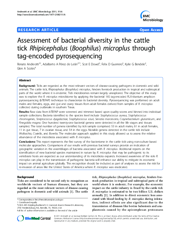 (PDF) Assessment of bacterial diversity in the cattle tick Rhipicephalus (Boophilus) microplus ...
