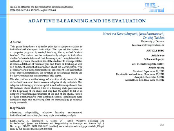 (PDF) Adaptive E-Learning and Its Evaluation
