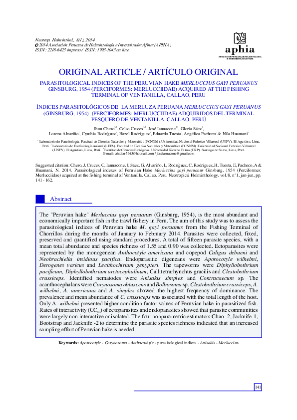 (PDF) Índices Parasitológicos De La Merluza Peruana Merluccius Gayi ...