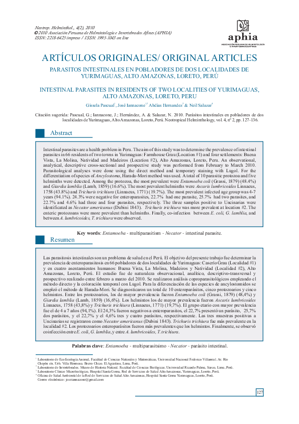 (PDF) Intestinal Parasites in Residents of Two Localities of Yurimaguas ...