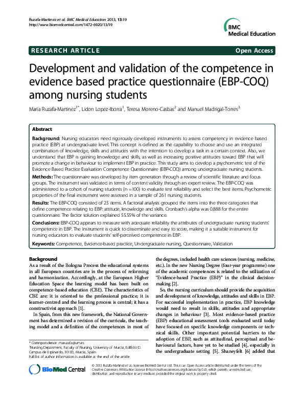 (PDF) Development and validation of the competence in evidence based practice questionnaire (EBP ...