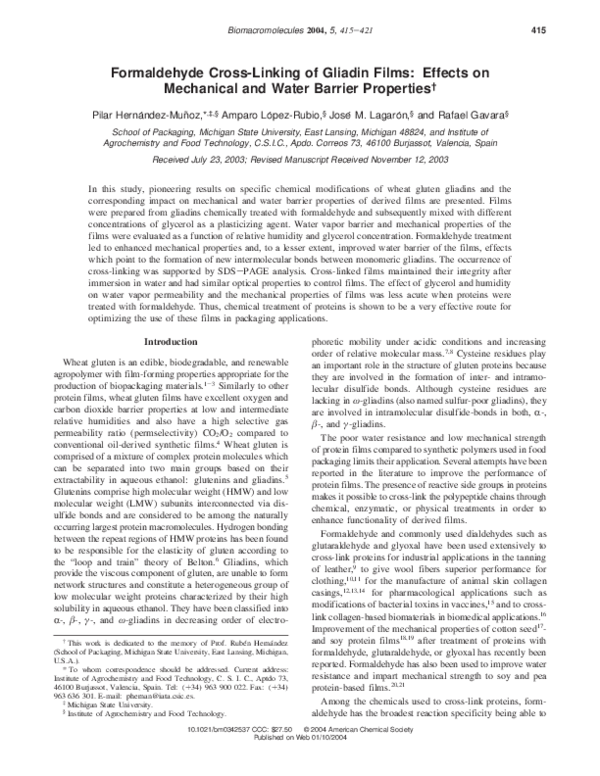 (PDF) Formaldehyde Cross-Linking of Gliadin Films: Effects on ...