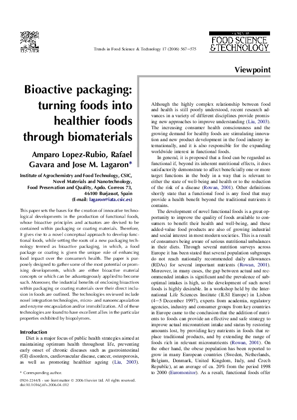 (PDF) Bioactive packaging: turning foods into healthier foods through ...