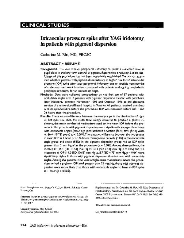 (PDF) Intraocular pressure spike after YAG iridotomy in patients with ...