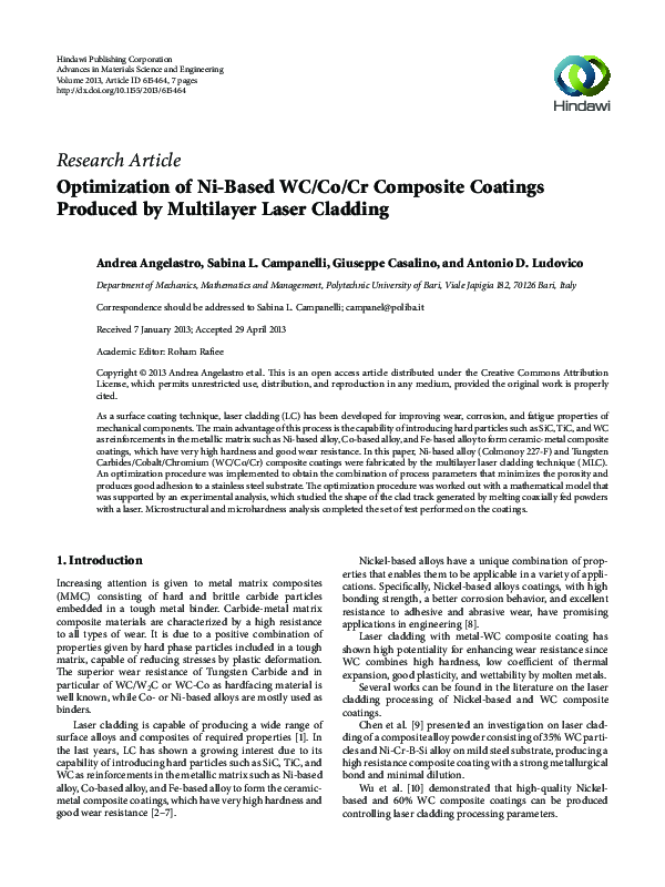 (PDF) Optimization of Ni-Based WC/Co/Cr Composite Coatings Produced by Multilayer Laser Cladding