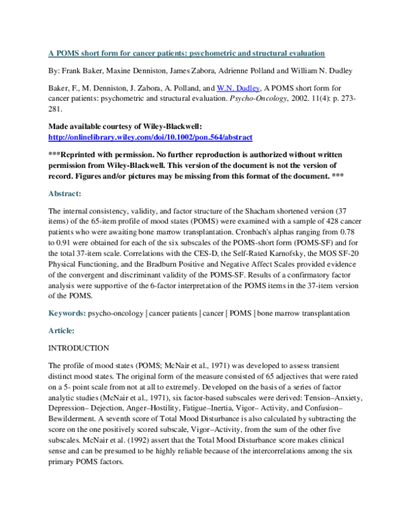 (PDF) A POMS short form for cancer patients: psychometric and ...
