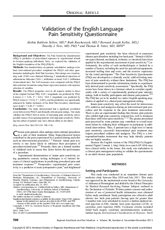 (PDF) Validation of the English Language Pain Sensitivity Questionnaire