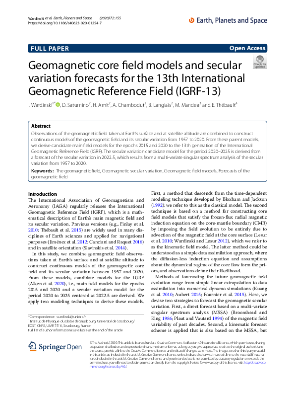 (PDF) Geomagnetic core field models and secular variation forecasts for the 13th International ...