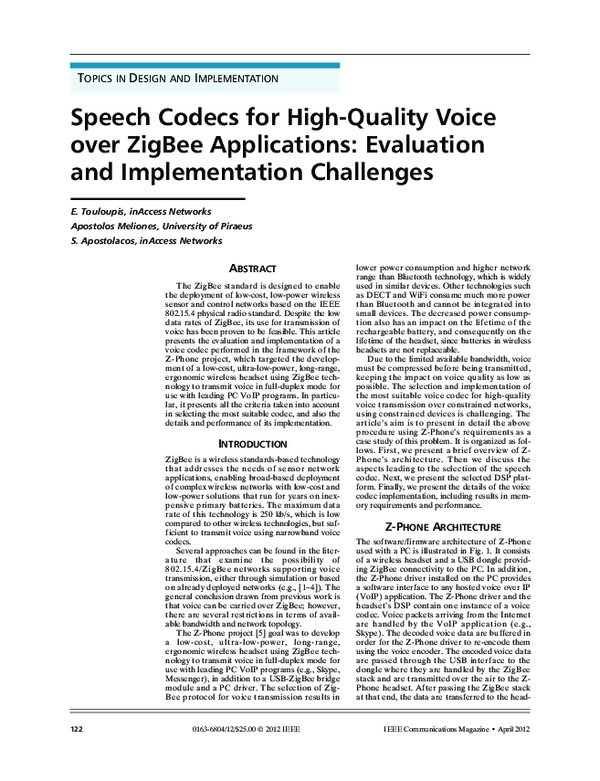 (PDF) Speech codecs for high-quality voice over ZigBee applications: Evaluation and ...
